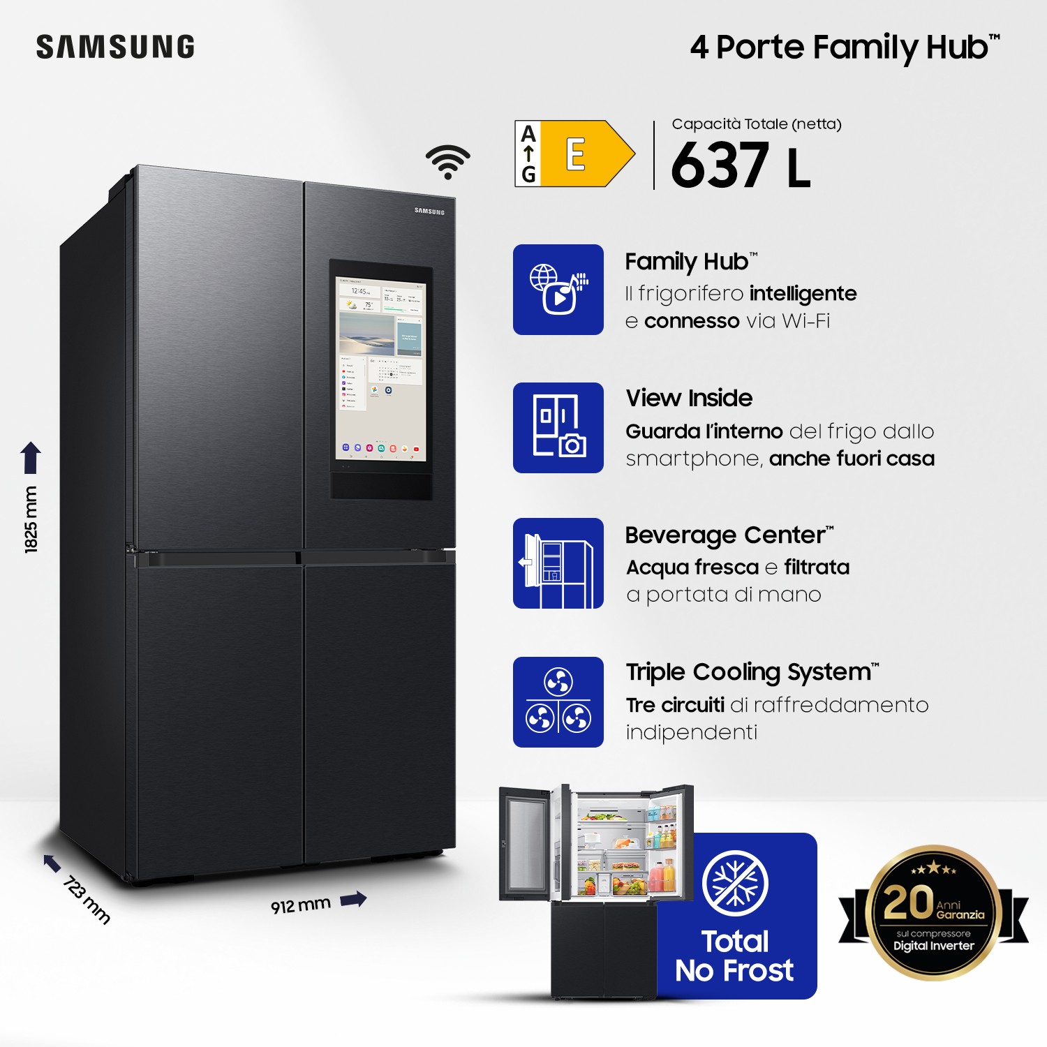 SAMSUNG RF65DG9H0EB1 FRIGO 4PORTE E NF 637LT BLACK FAMILY HUB WIFI