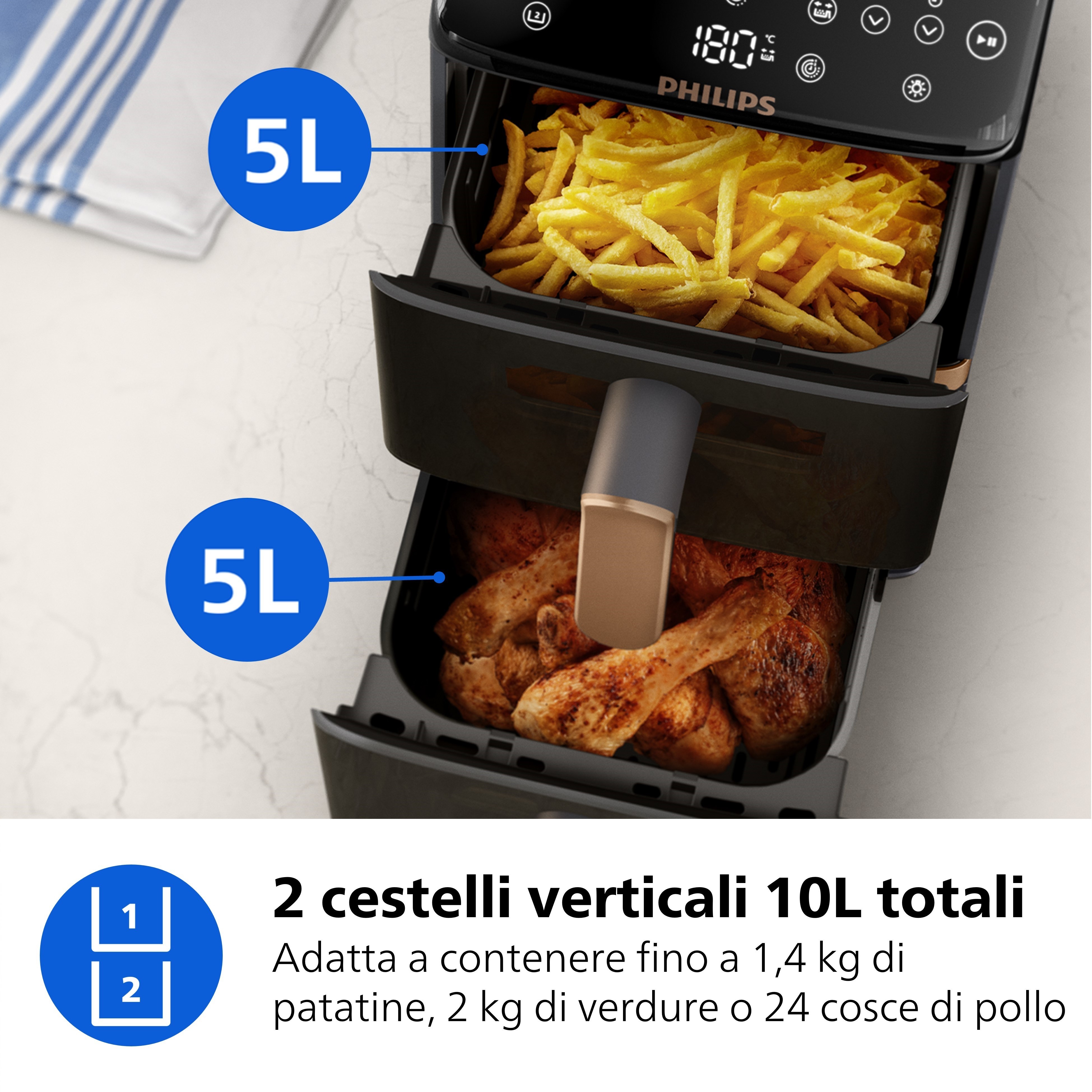 PHILIPS NA462/70 FRIGGITRICE AD ARIA 10LT 6PR. DOPPIO CESTELLO